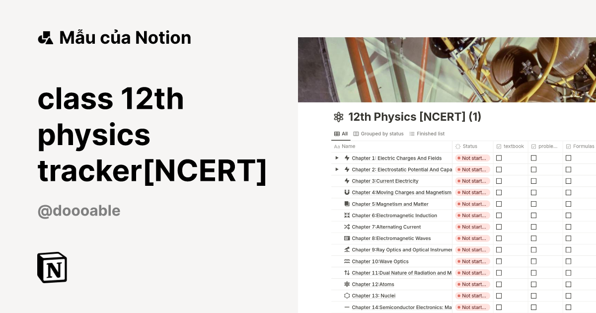 Mẫu class 12th physics tracker[NCERT] | Thị trường Notion