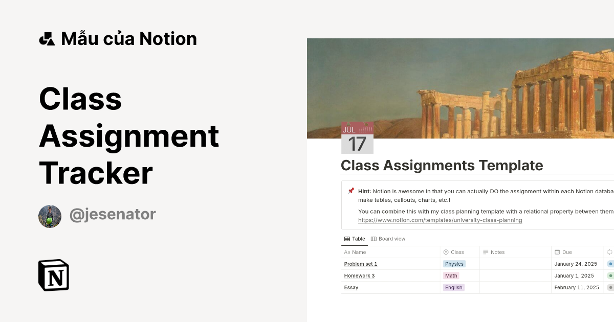 Mẫu Class Assignment Tracker | Thị trường Notion