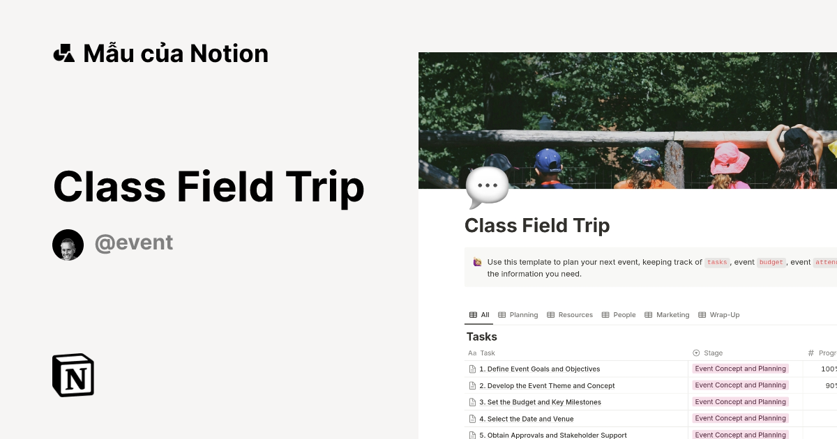 Class Field Trip Mẫu do Event tạo | Thị trường Notion