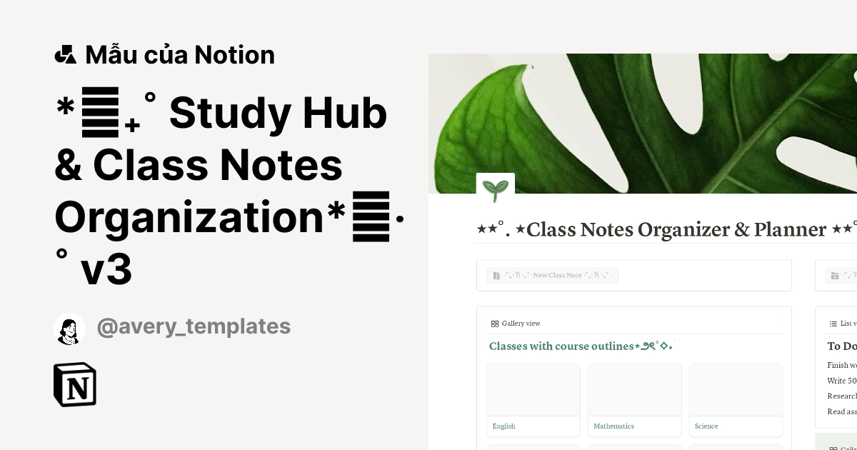 Mẫu * ₊˚ Study Hub & Class Notes Organization* ‧˚ v3 | Thị trường Notion
