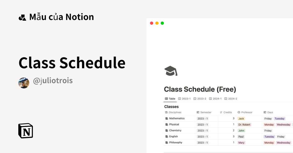 Mẫu Class Schedule | Thị trường Notion