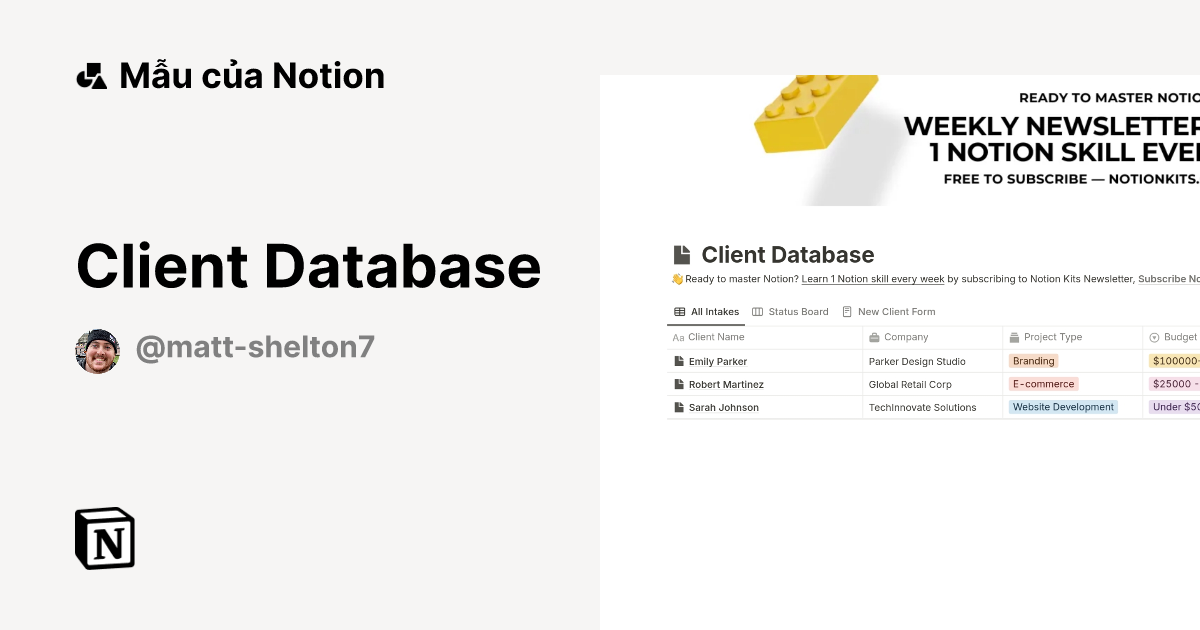 Client Database Mẫu do Matt Shelton tạo | Thị trường Notion