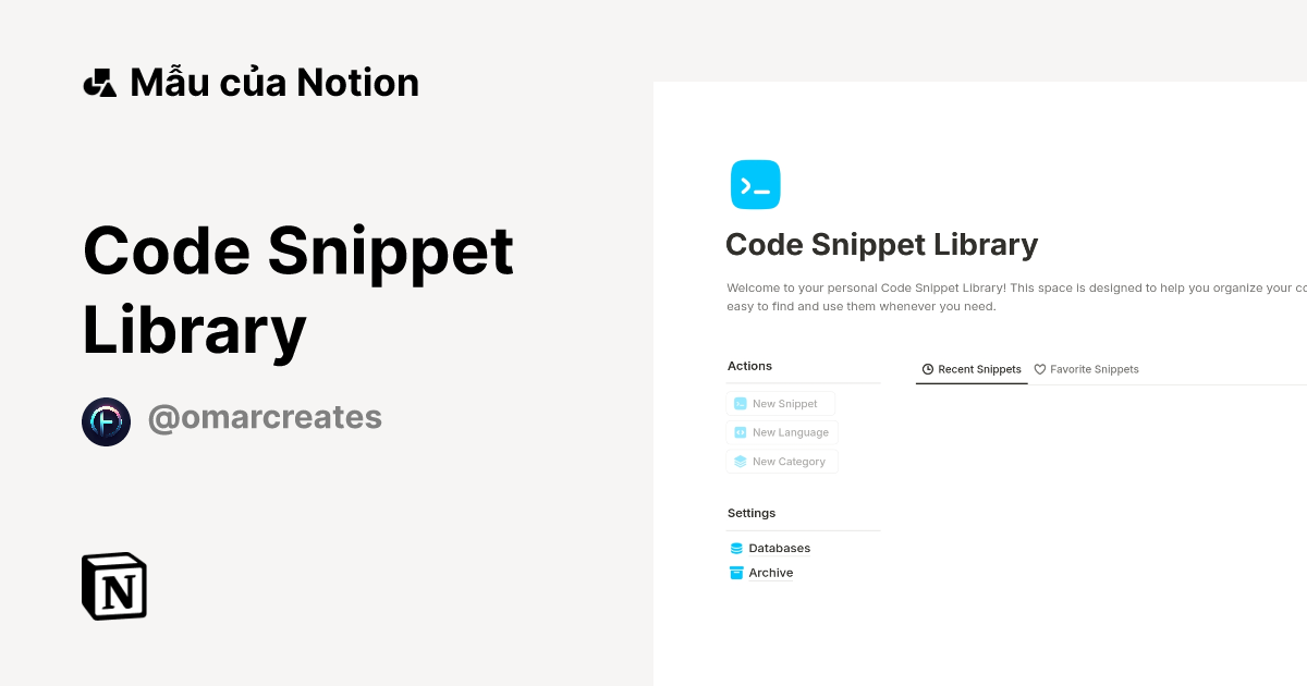 Code Snippet Library Mẫu do Omar Faruk tạo | Thị trường Notion