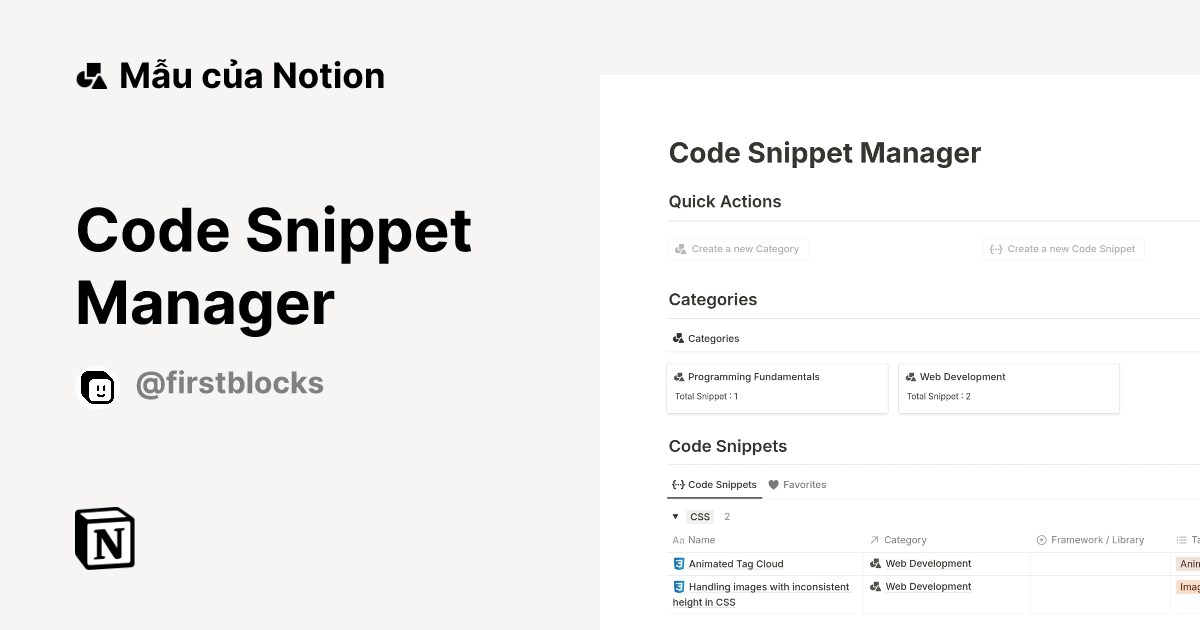 Code Snippet Manager Mẫu do First Blocks tạo | Thị trường Notion
