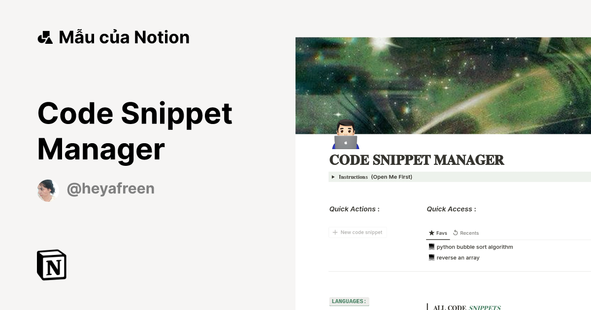 Code Snippet Manager Mẫu do Afreen tạo | Thị trường Notion