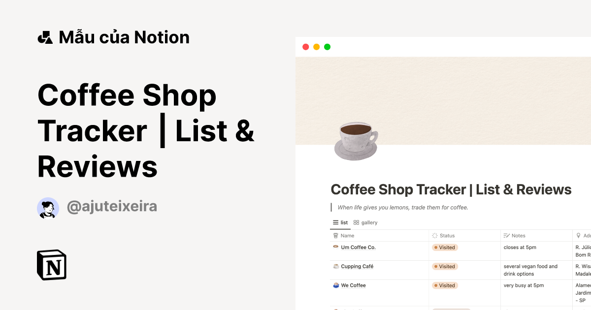 Coffee Shop Tracker | List & Reviews Mẫu do Juliana Teixeira tạo | Thị trường Notion
