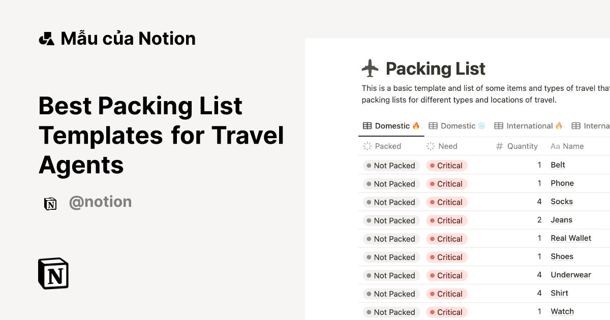 Best Packing List Templates for Travel Agents | Thị trường mẫu Notion