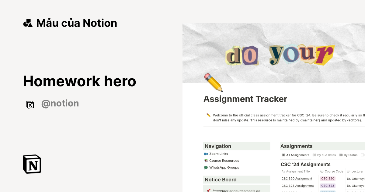 Homework hero | Thị trường mẫu Notion