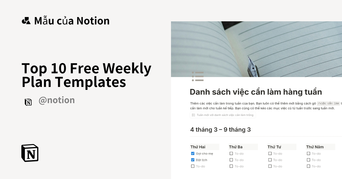 Top 10 Free Weekly Plan Templates | Thị trường mẫu Notion