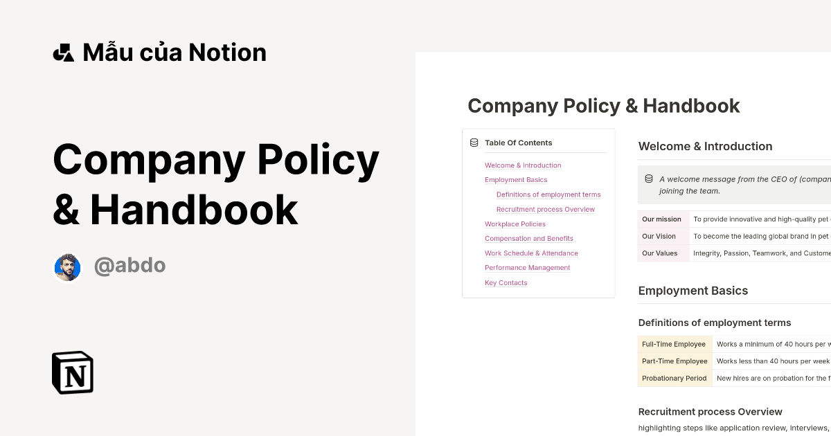 Mẫu Company Policy & Handbook | Thị trường Notion