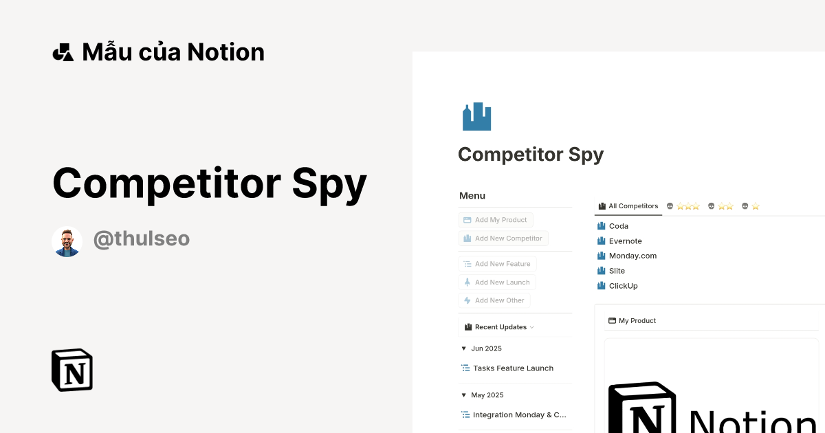 Competitor Spy Mẫu do Pete - The Product Guy tạo | Thị trường Notion