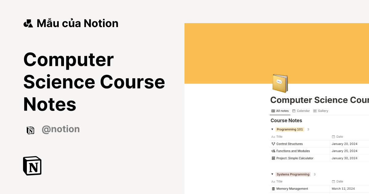 Computer Science Course Notes Mẫu do Notion tạo | Thị trường Notion