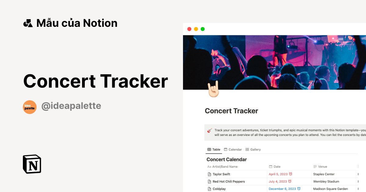 Mẫu Concert Tracker | Thị trường Notion