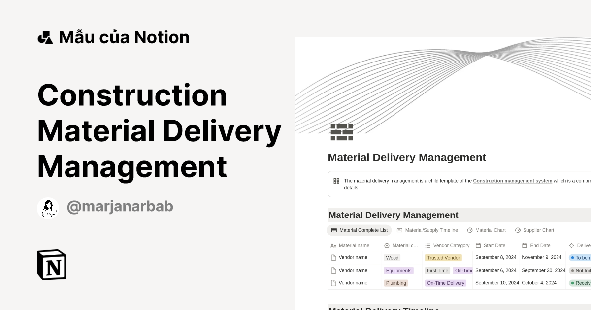 Mẫu Construction Material Delivery Management | Thị trường Notion