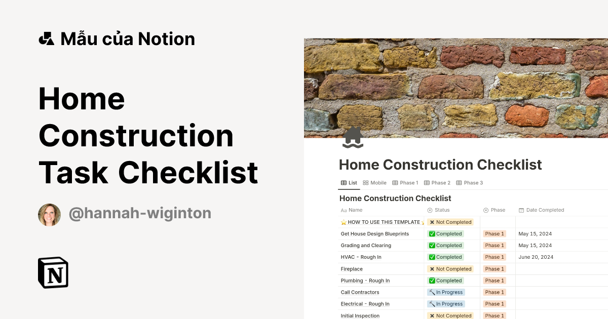 Mẫu Home Construction Task Checklist | Thị trường Notion