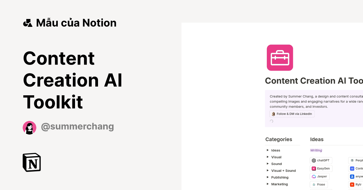 Mẫu Content Creation AI Toolkit | Thị trường Notion