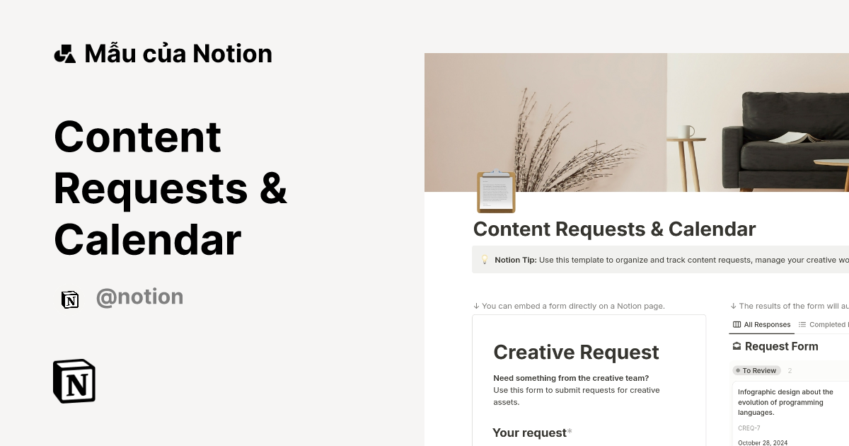 Mẫu Content Requests & Calendar 2025 | Thị trường Notion