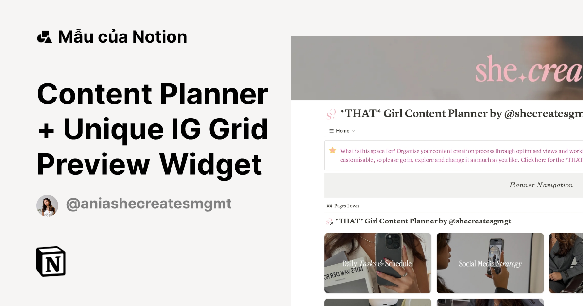 Mẫu Content Planner + Unique IG Grid Preview Widget | Thị trường Notion