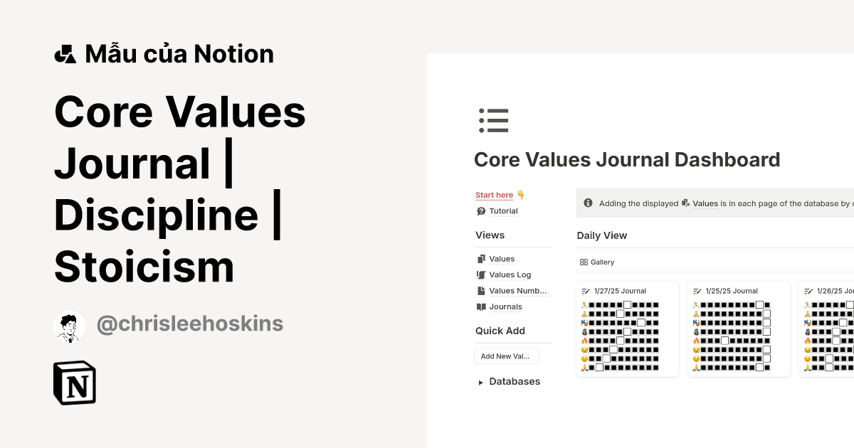 Mẫu Core Values Journal | Discipline | Stoicism | Thị trường Notion
