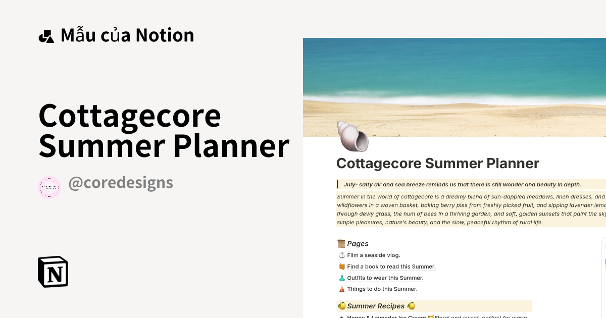 Cottagecore Summer Planner Mẫu do CORE DESIGNS tạo | Thị trường Notion