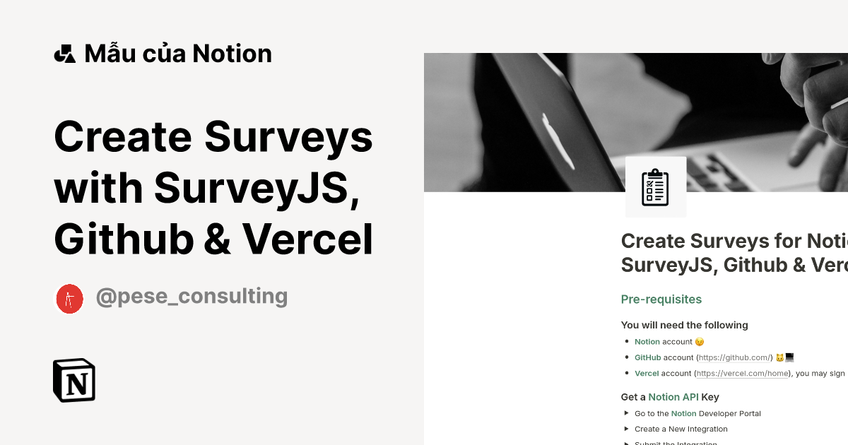 Mẫu Create Surveys with SurveyJS, Github & Vercel | Thị trường Notion