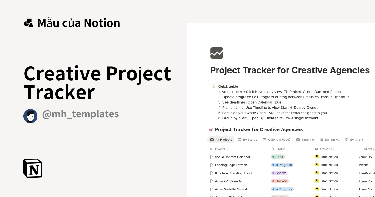 Mẫu Creative Project Tracker | Thị trường Notion