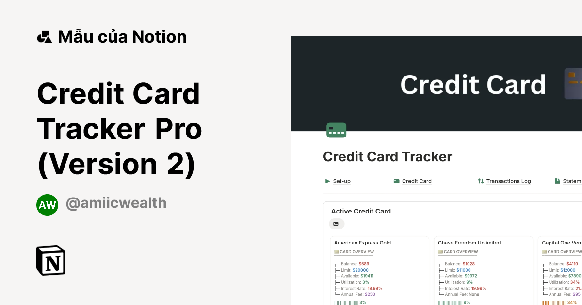 Mẫu Credit Card Tracker Pro (Version 2) | Thị trường Notion