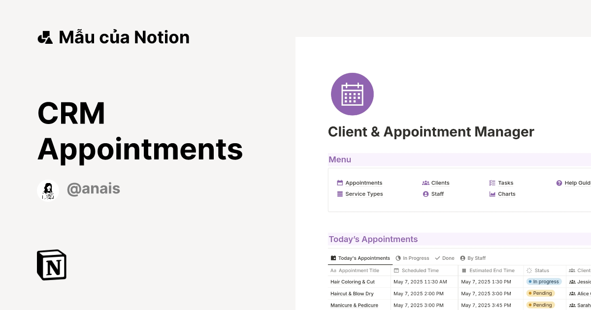CRM Appointments Mẫu do Anaïs tạo | Thị trường Notion