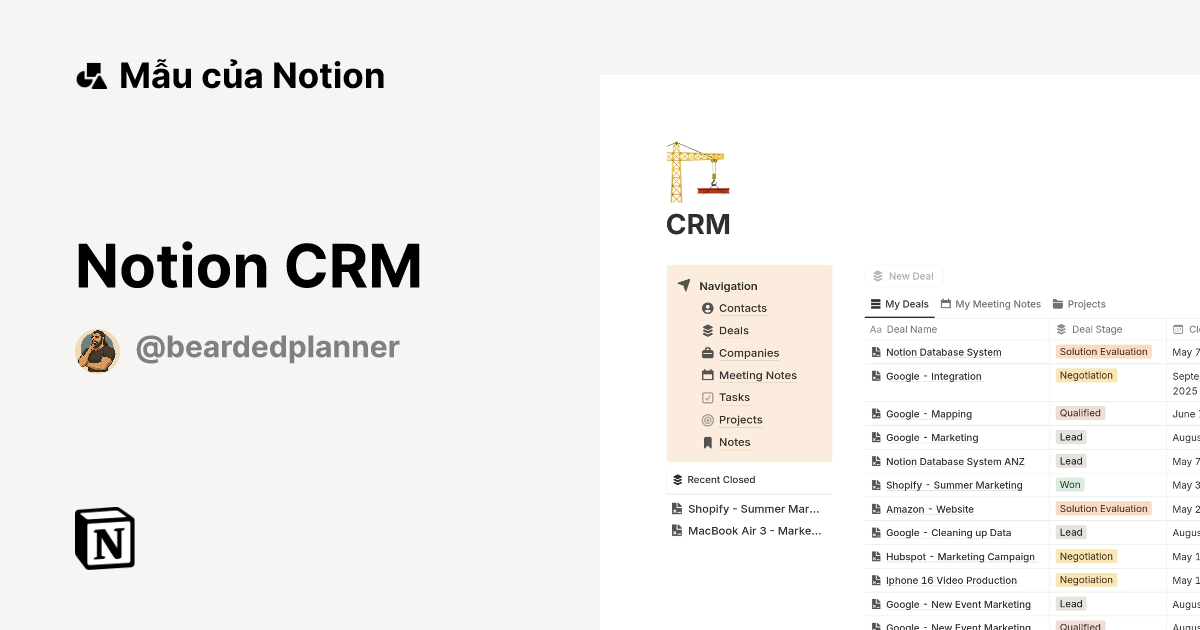 Notion Crm Mẫu Do The Bearded Planner Tạo Thị Trường Notion