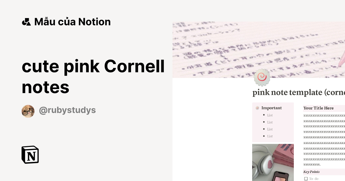 Mẫu cute pink Cornell notes | Thị trường Notion