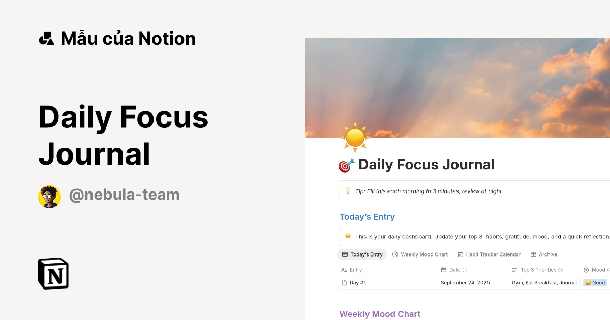 Daily Focus Journal Mẫu do Nebula tạo | Thị trường Notion