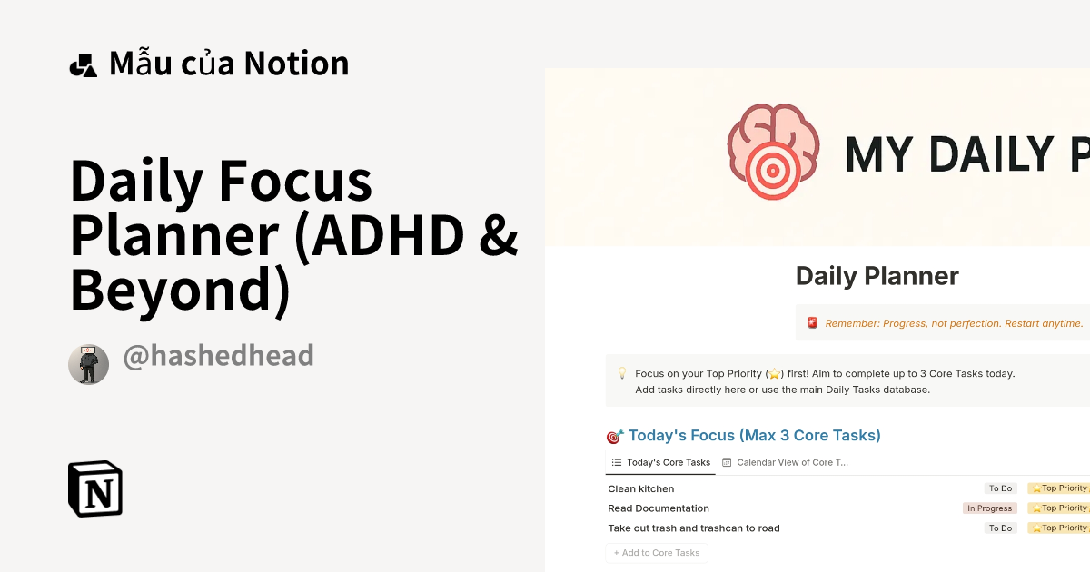 Mẫu Daily Focus Planner (ADHD & Beyond) | Thị trường Notion