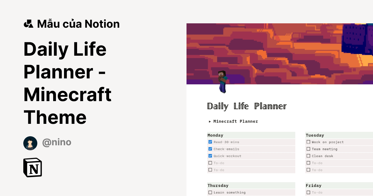 Daily Life Planner - Minecraft Theme Mẫu do Niño tạo | Thị trường Notion