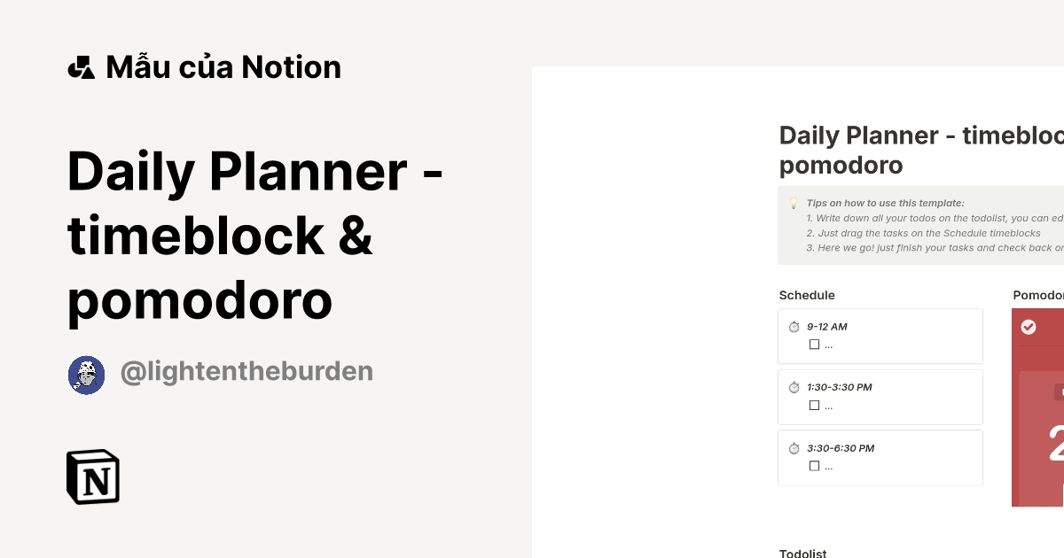 Mẫu Daily Planner - timeblock & pomodoro | Thị trường Notion