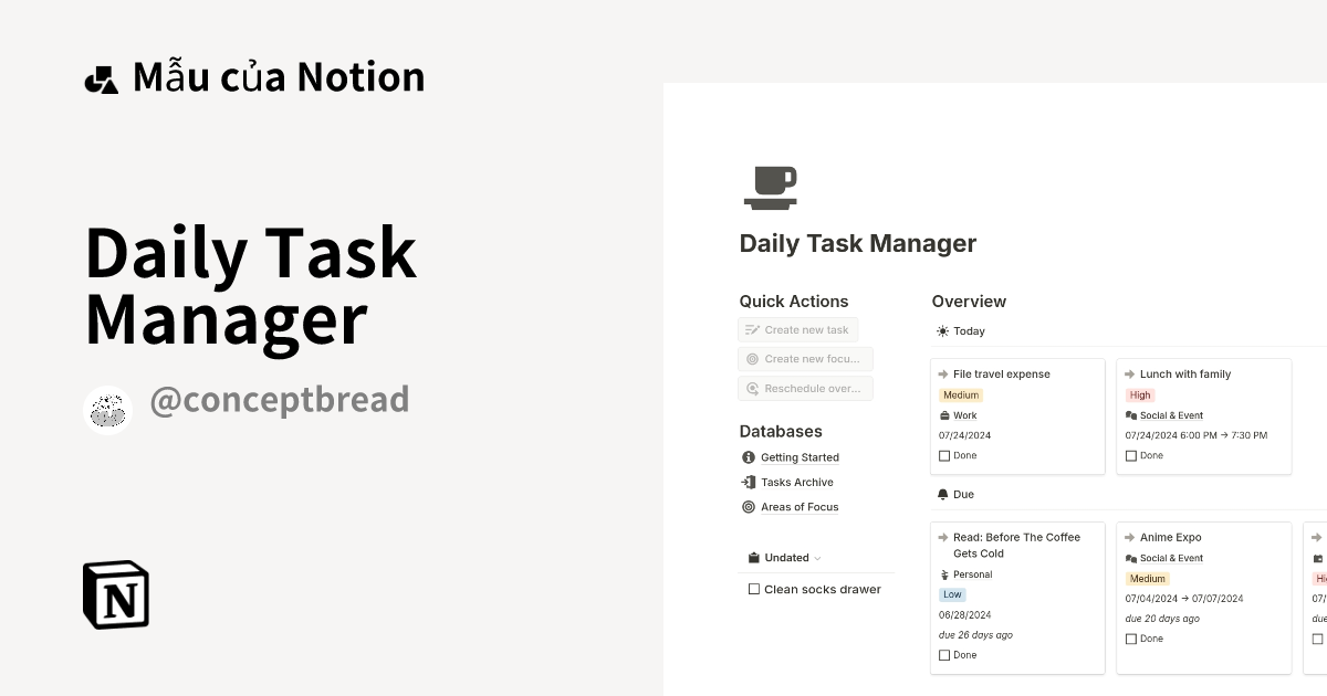 Mẫu Daily Task Manager | Thị trường Notion