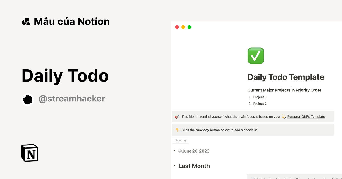 Daily Todo Mẫu do Streamhacker Technologies tạo | Thị trường Notion