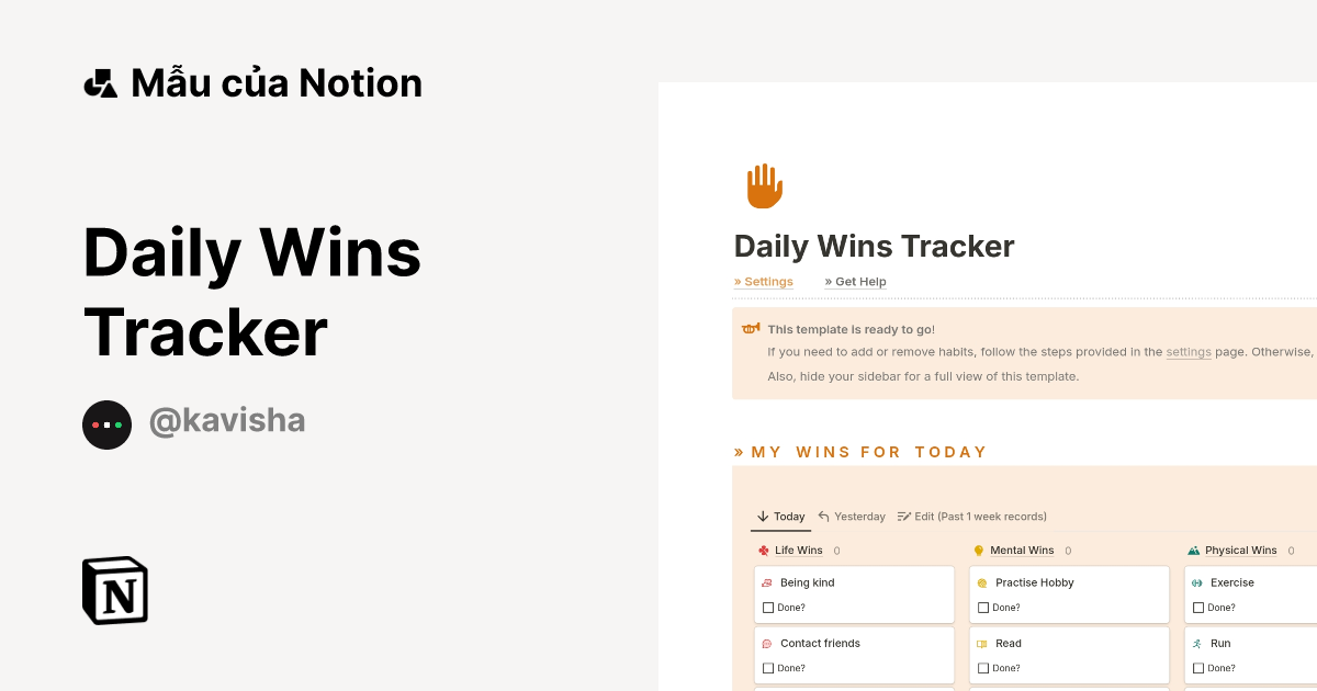 Daily Wins Tracker Mẫu do Kavisha tạo | Thị trường Notion