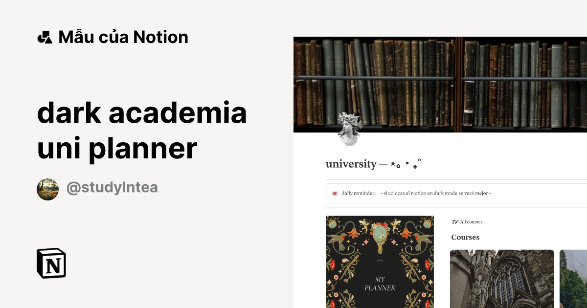 Mẫu dark academia uni planner | Thị trường Notion