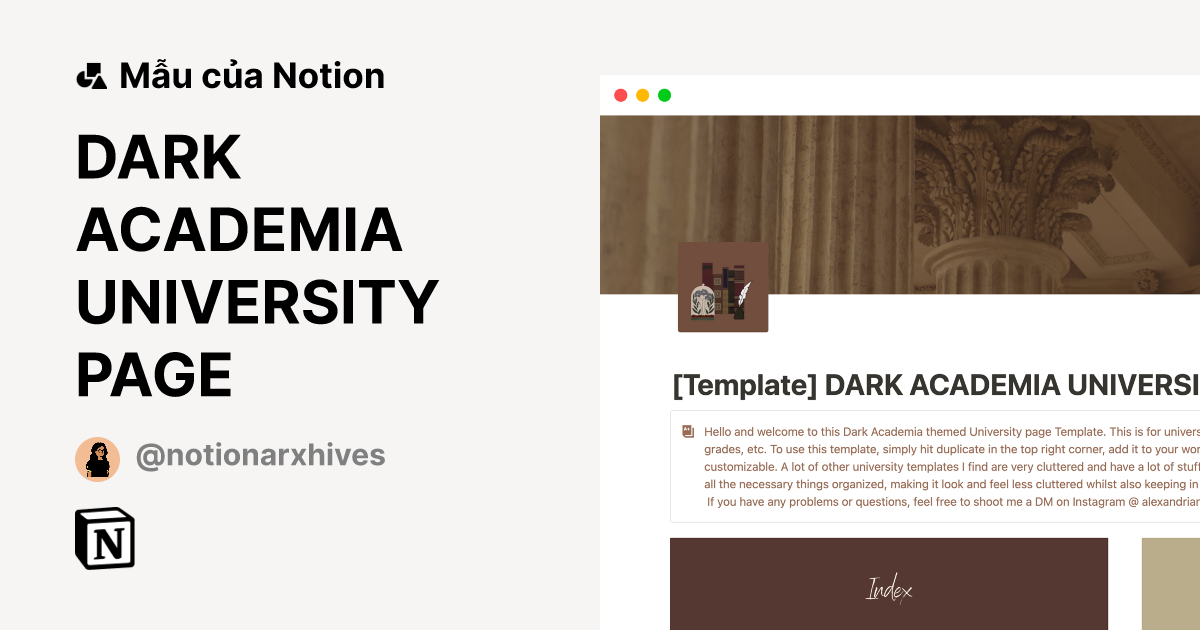 Mẫu DARK ACADEMIA UNIVERSITY PAGE | Thị trường Notion