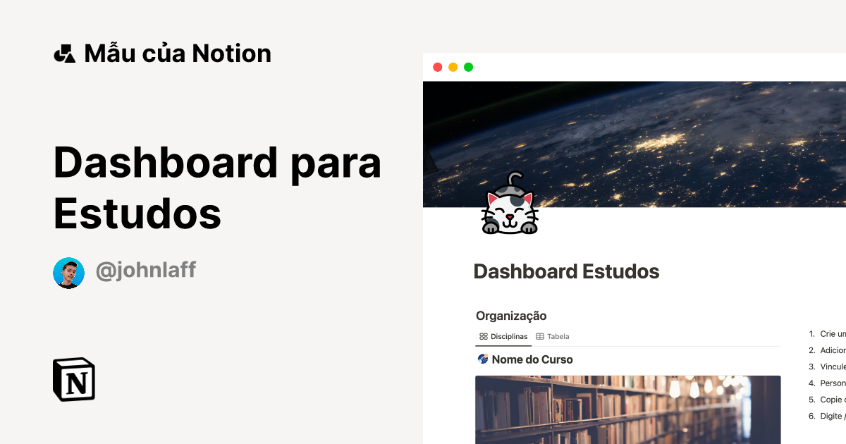 Dashboard para Estudos Mẫu do João Ferreira tạo | Thị trường Notion
