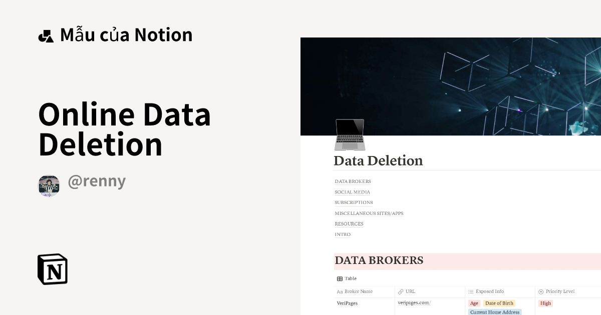 Online Data Deletion Mẫu do Renny tạo | Thị trường Notion