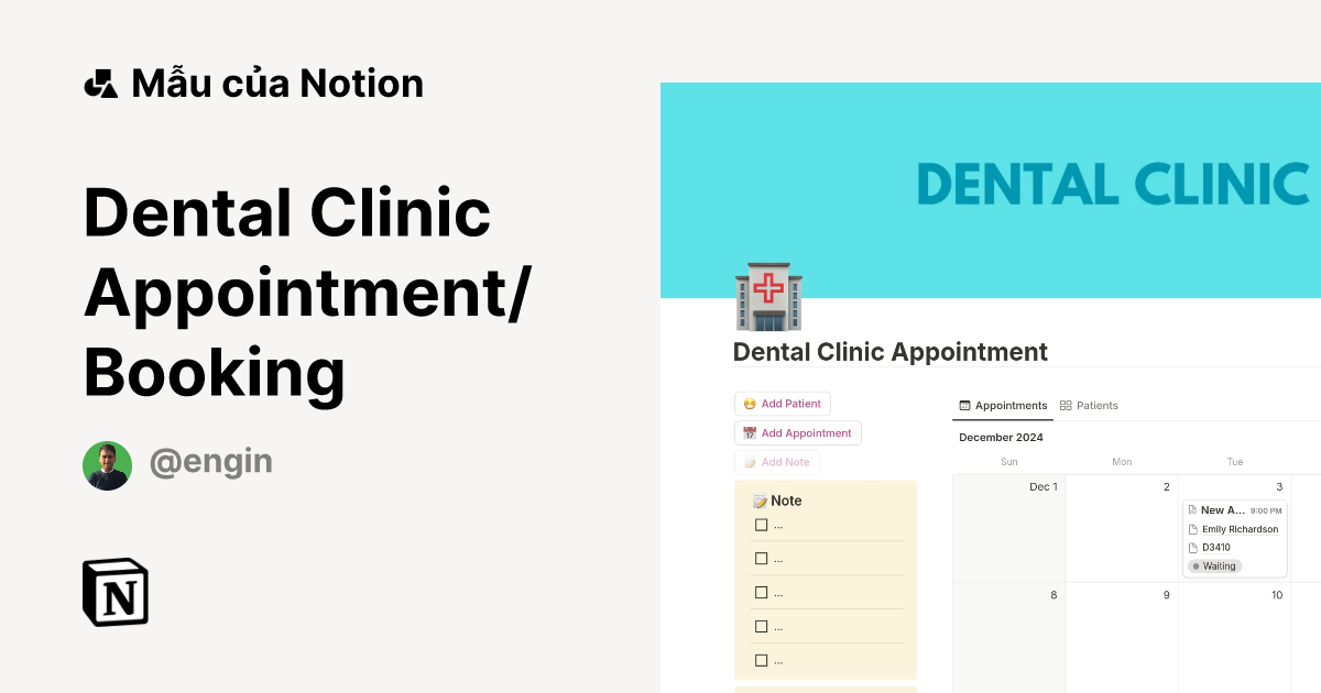 Mẫu Dental Clinic Appointment/Booking | Thị trường Notion