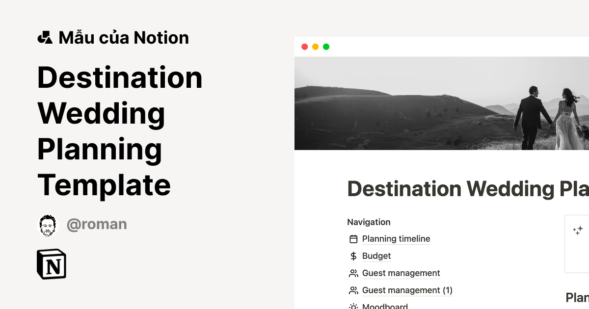Mẫu Destination Wedding Planning Template | Thị trường Notion