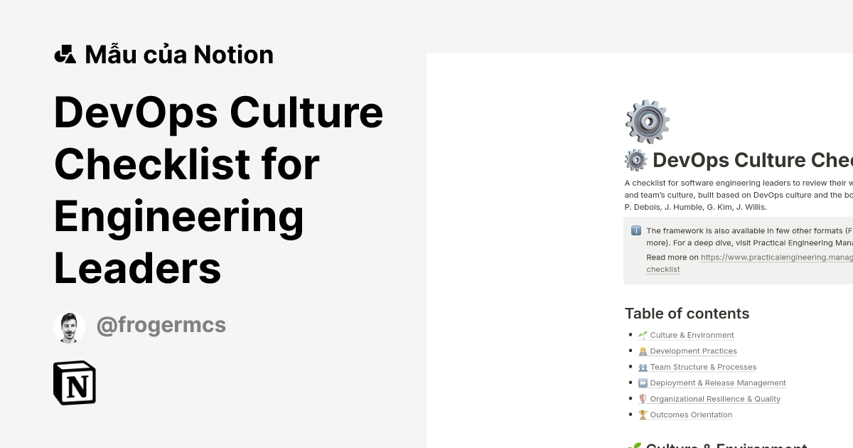 Mẫu DevOps Culture Checklist for Engineering Leaders | Thị trường Notion