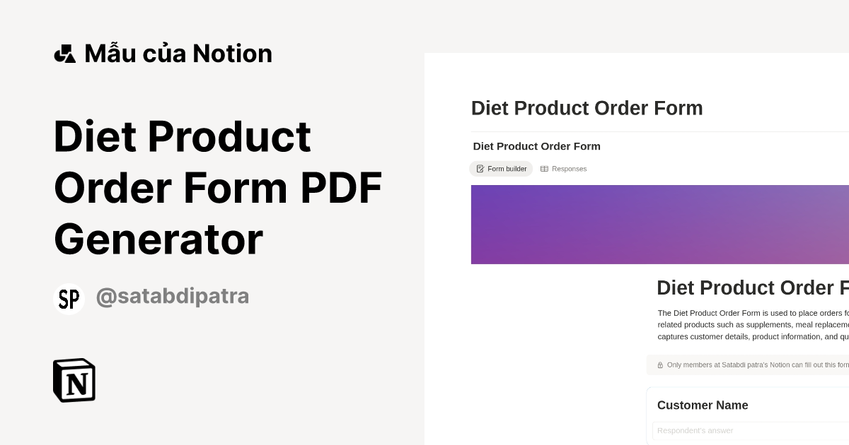 Mẫu Diet Product Order Form PDF Generator | Thị trường Notion
