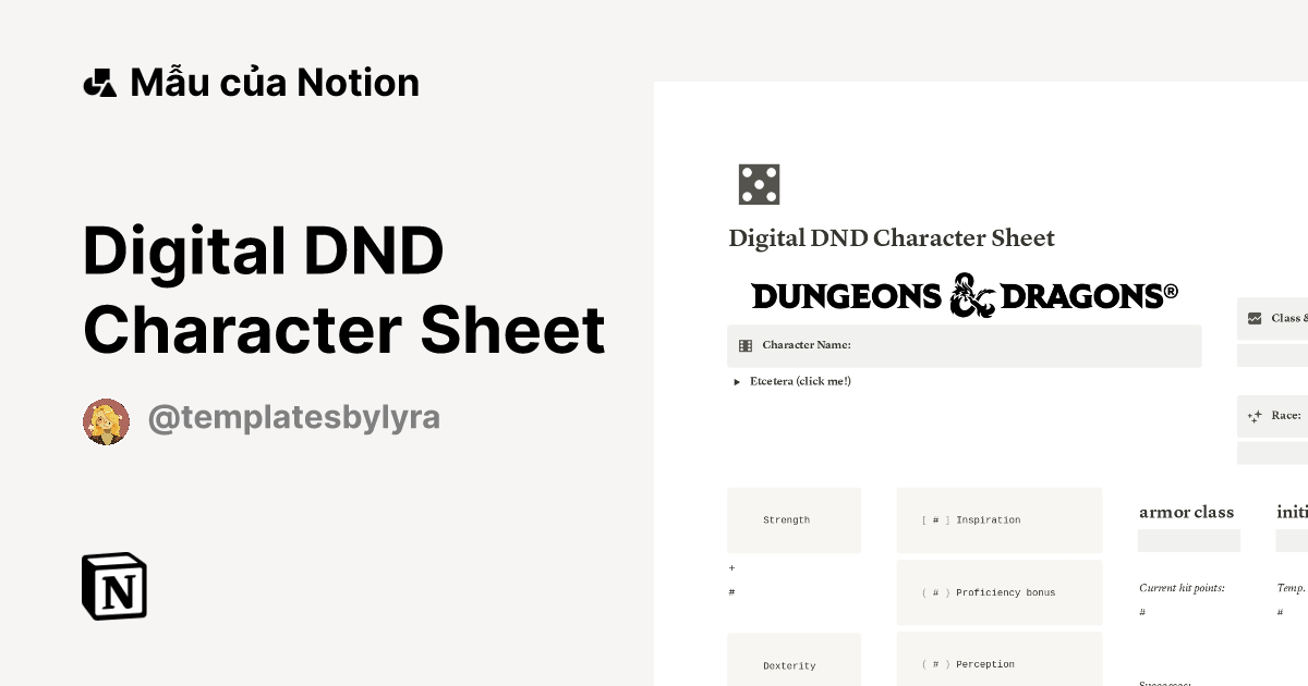 Mẫu Digital DND Character Sheet | Thị trường Notion