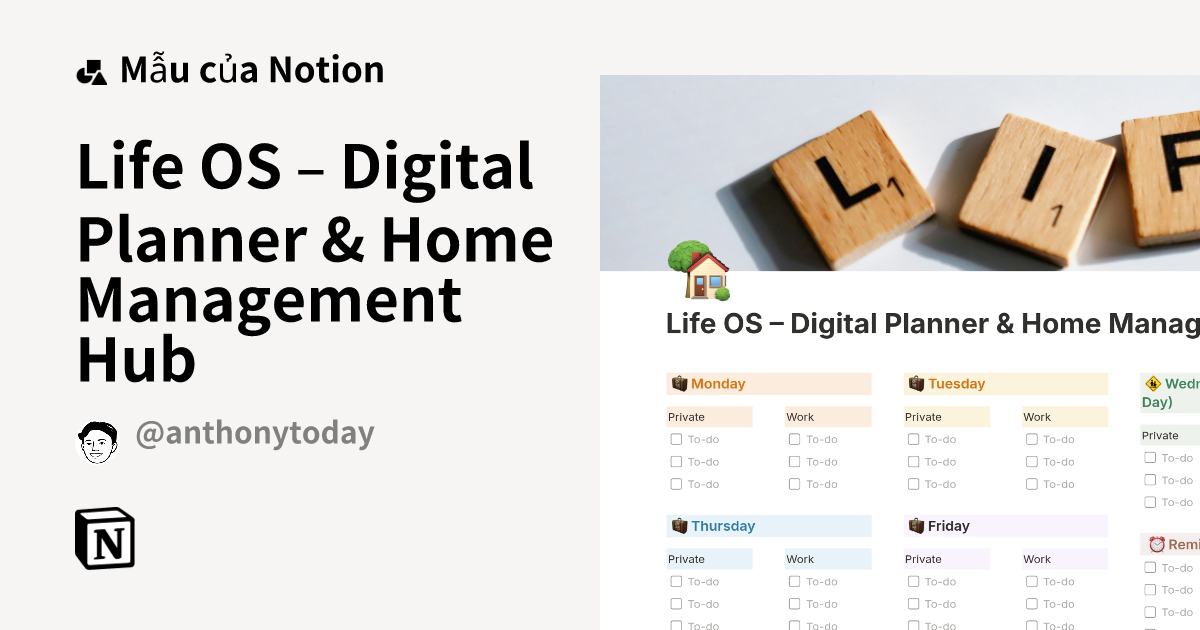 Life OS – Digital Planner & Home Management Hub Mẫu do AnthonyToday tạo | Thị trường Notion