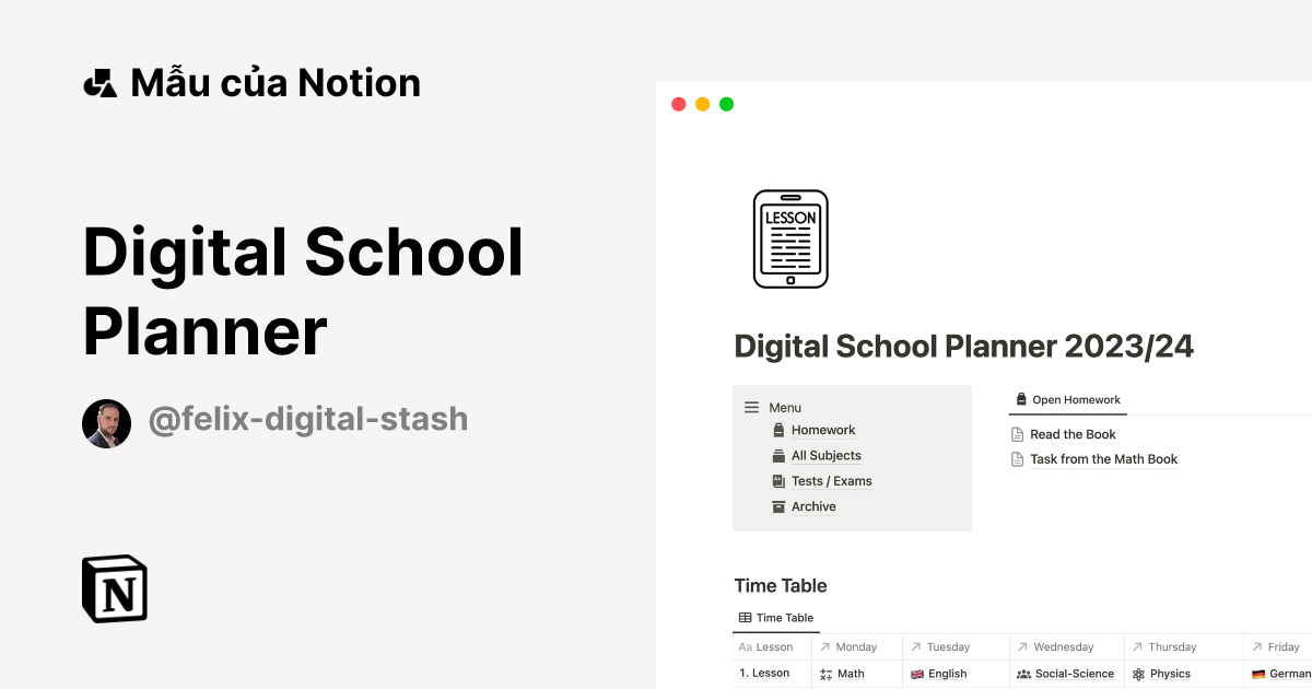 Digital School Planner Mẫu do Felix' Digital Stash tạo | Thị trường Notion