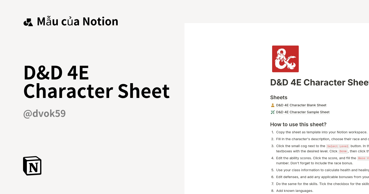 Mẫu D&D 4E Character Sheet | Thị trường Notion