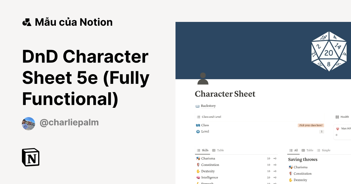 Mẫu DnD 5e Fully Functional Character Sheet | Thị trường Notion